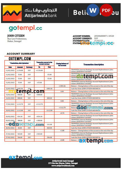 Doctempl - Senegal Attijariwafa banking statement template in Word and PDF format - Page 1