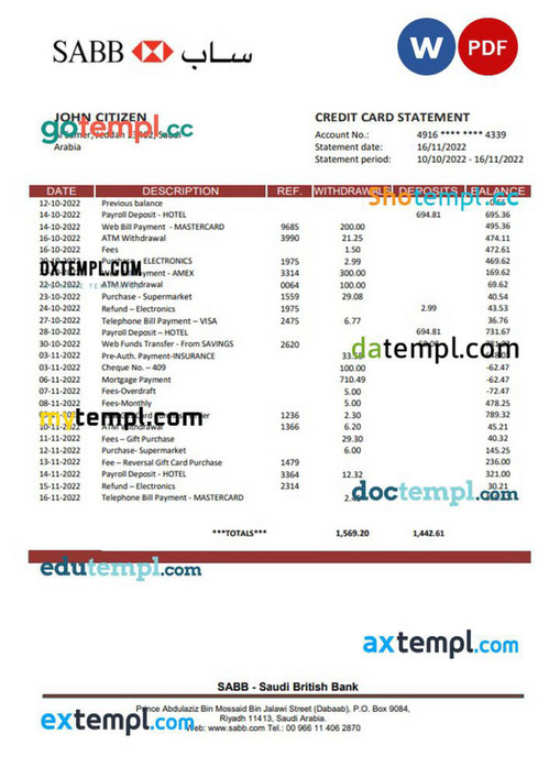 Doctempl - Saudi Arabia SABB banking statement template in Word and PDF format - Page 1