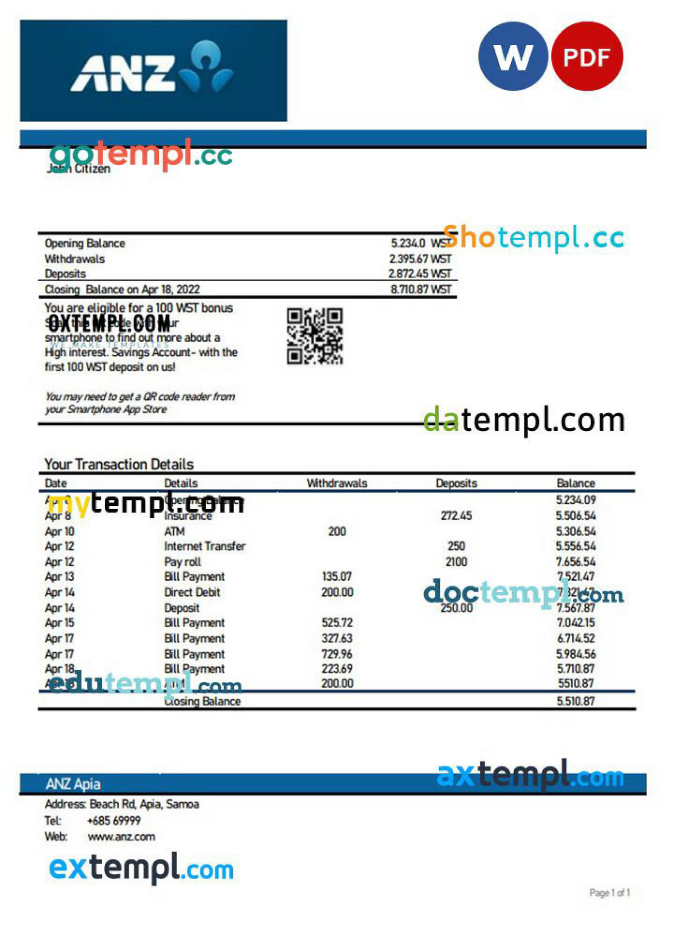 Doctempl - Samoa ANZ bank proof of address statement template in Word and PDF format - Page 1