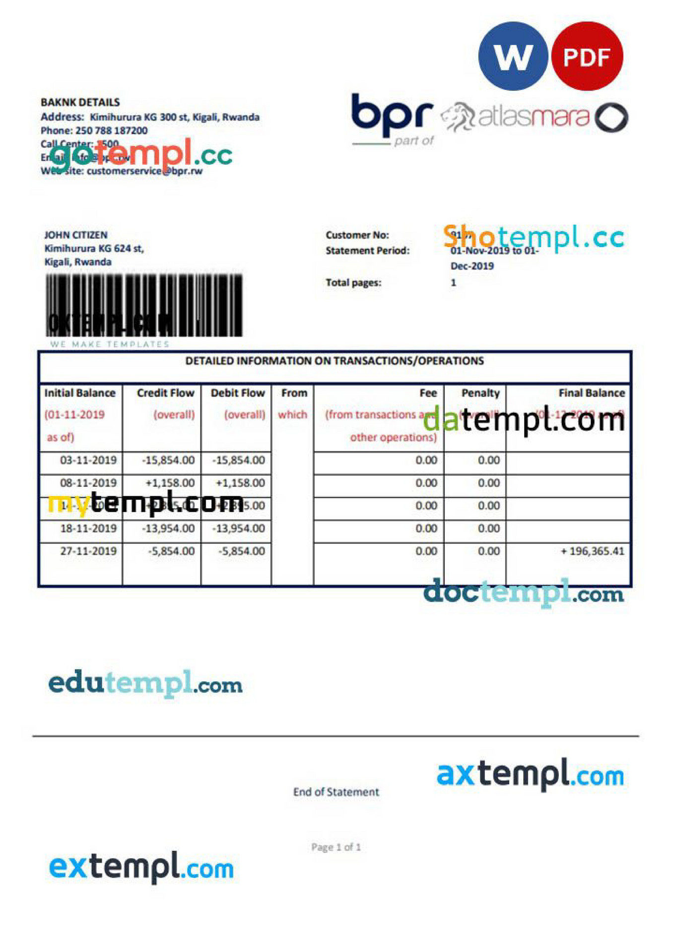 Doctempl - Rwanda BPR banking statement template in Word and PDF format - Page 1