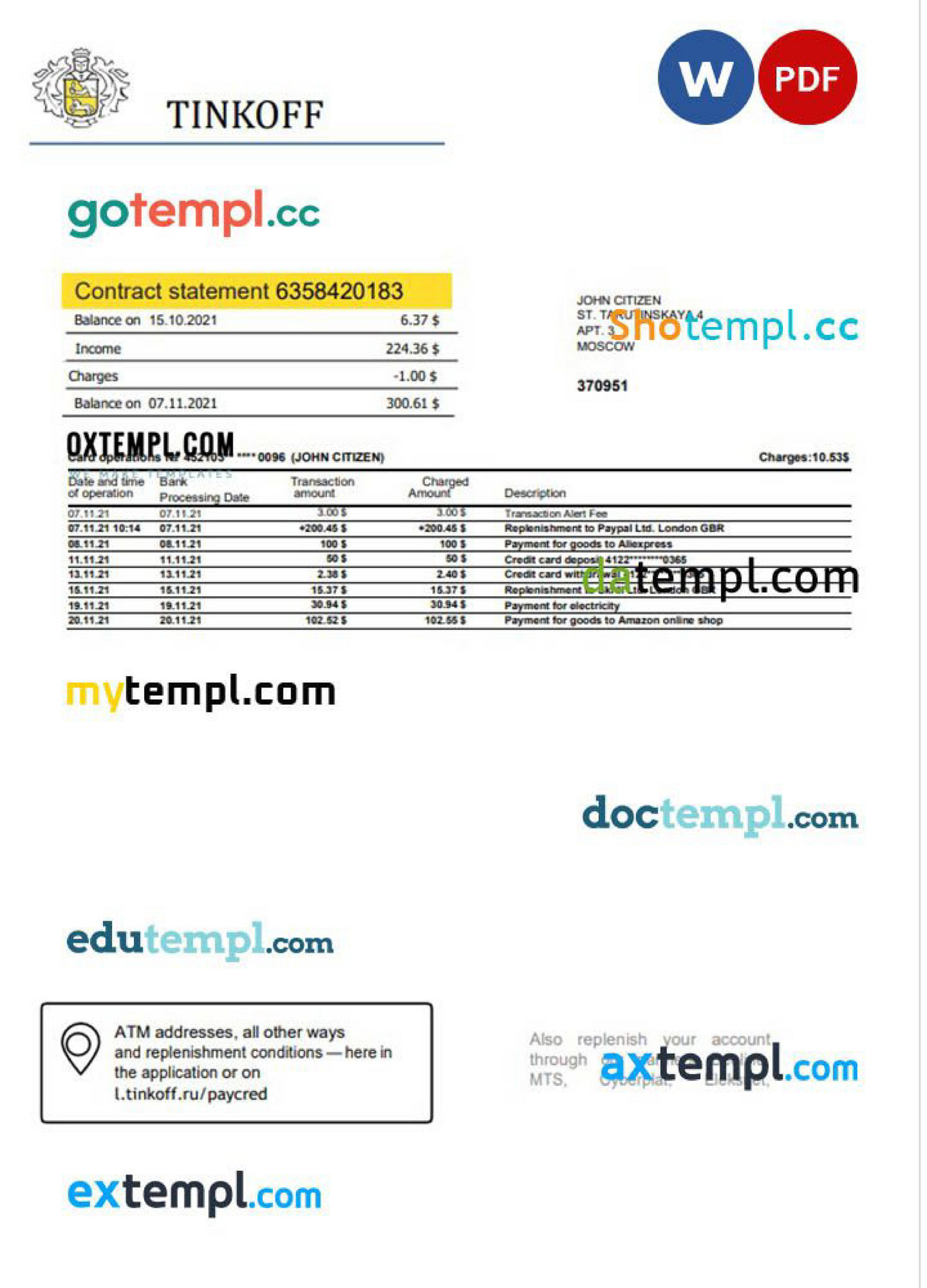 Doctempl - Russia Tinkoff bank proof of address statement (English ...