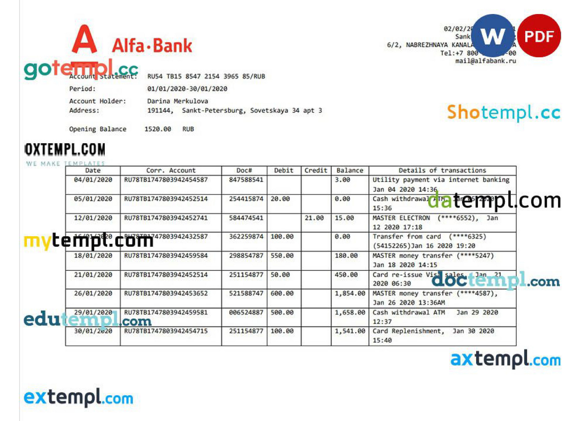 Doctempl - Russia Alfa bank proof of address statement template in Word and PDF format - Page 1
