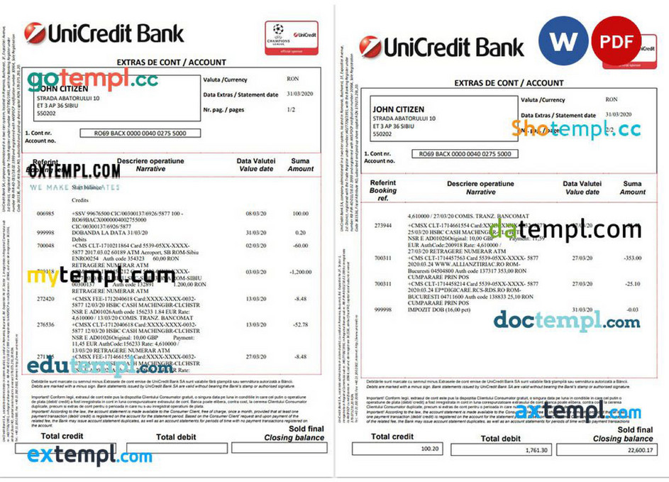 Doctempl - Romania UniCredit banking statement template in Word and PDF format (2 pages) in ...