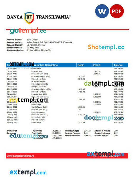 Doctempl - Romania Banca Transilvania banking statement template in Word and PDF format, version ...