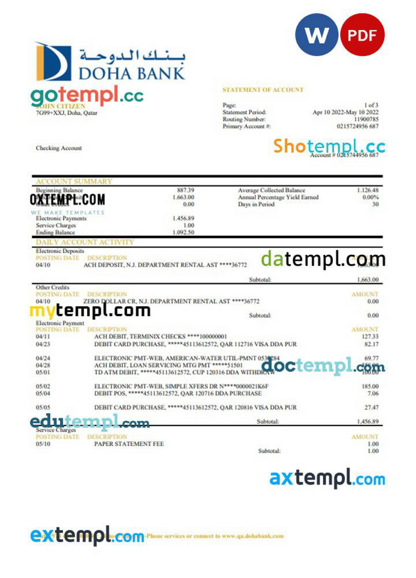Doctempl - Qatar Doha banking statement template in Word and PDF format - Page 1