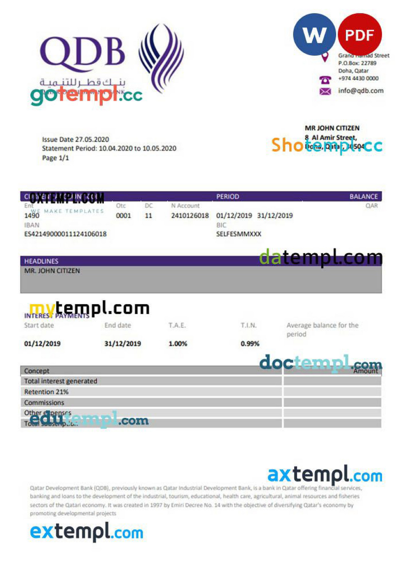 Doctempl - Qatar Development banking statement template, Word and PDF format (.doc and .pdf ...