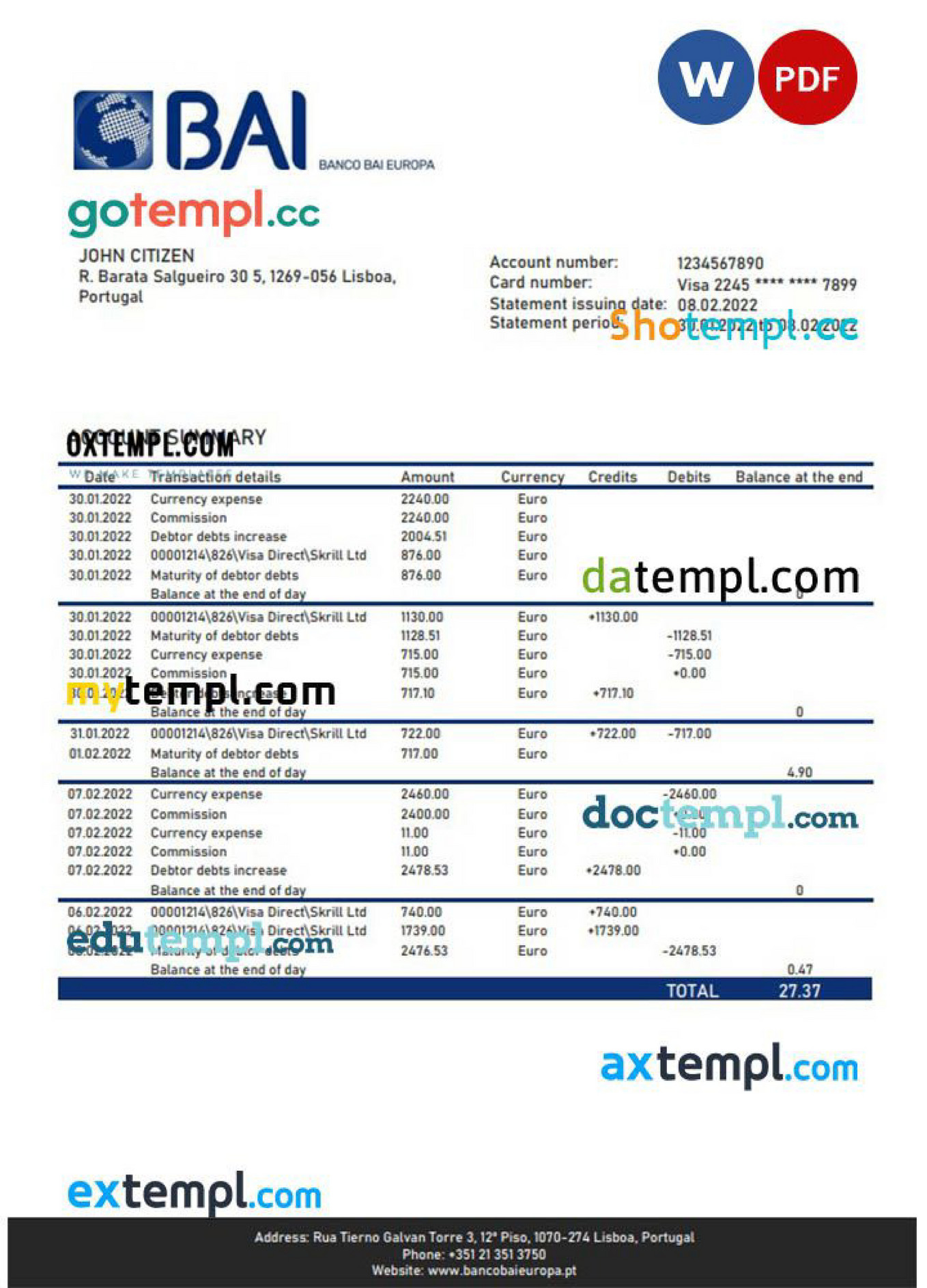 Doctempl - Portugal Banco BAI Europa banking statement in Word and PDF ...