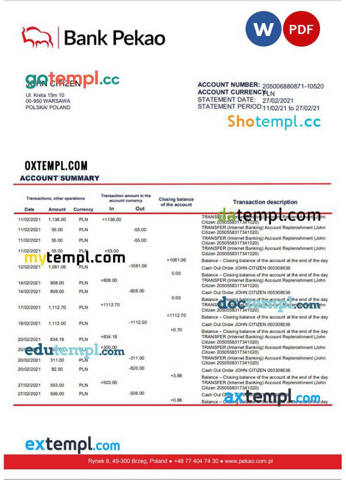 Doctempl - Poland Bank Pekao S.A banking statement template in .doc and ...