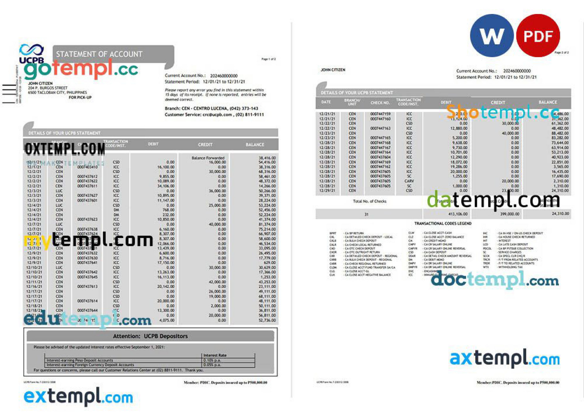 Doctempl - Philippines UCPB banking statement of account template in ...