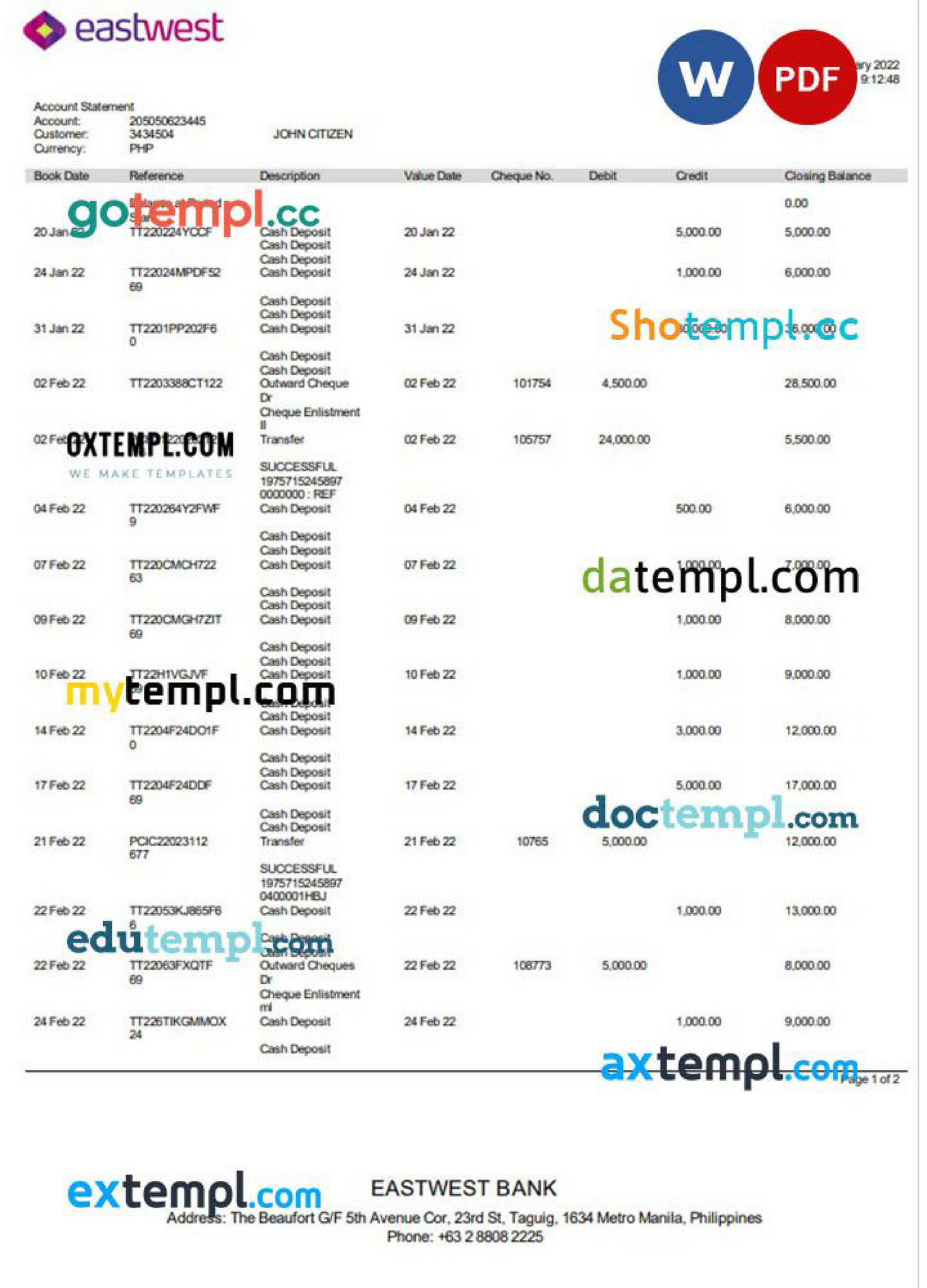 Doctempl - Philippines EastWest banking statement template in Word and ...