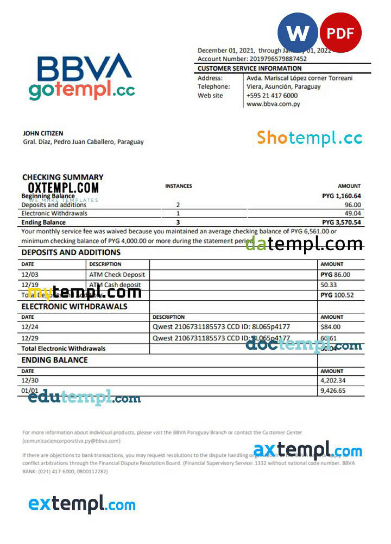 Doctempl - Paraguay BBVA banking statement template in Word and PDF ...