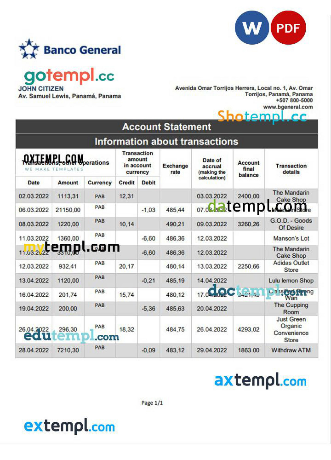Doctempl - Panama Banco General banking statement template in Word and PDF format - Page 1