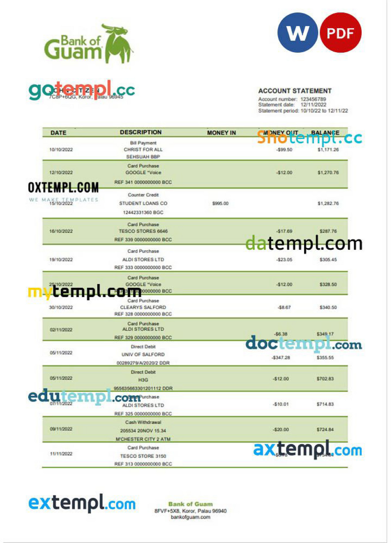 Doctempl - Palau Bank of Guam banking statement template in Word and ...