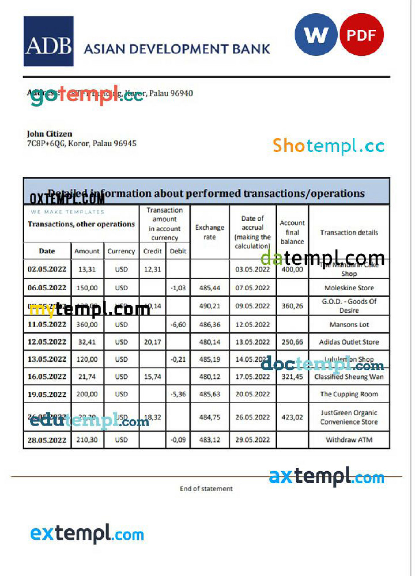 Doctempl - Palau ADB banking statement template in Word and PDF format ...