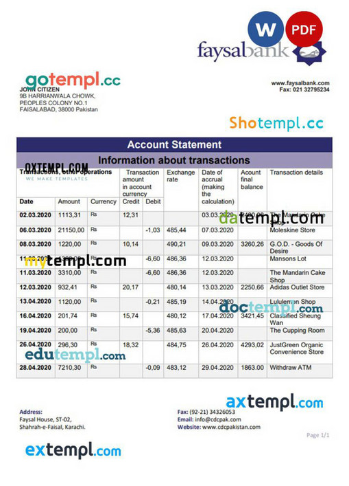 Doctempl - Pakistan Faysal banking statement template in Word and PDF format - Page 1