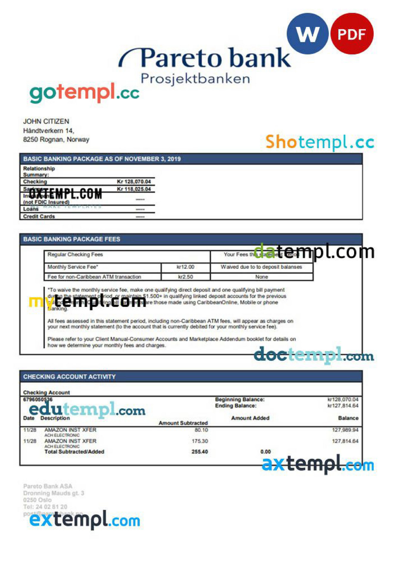 Doctempl - Norway Pareto banking statement easy to fill template in Word and PDF format - Page 1