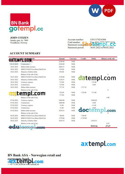 Doctempl - Norway BN banking statement template in Word and PDF format - Page 1