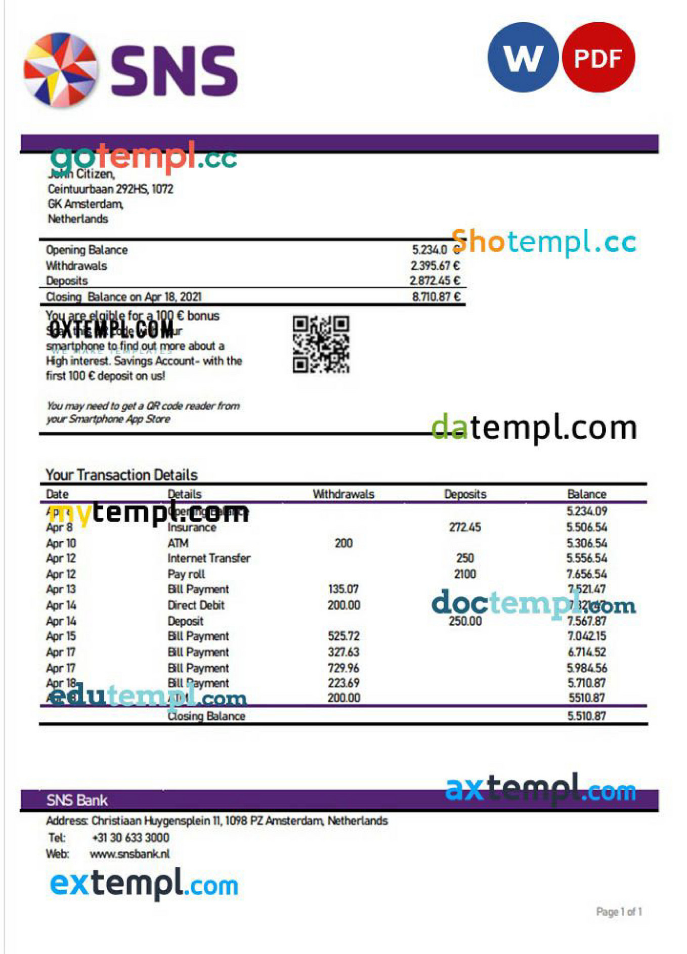 Doctempl - Netherlands SNS banking statement template in Word and PDF format - Page 1