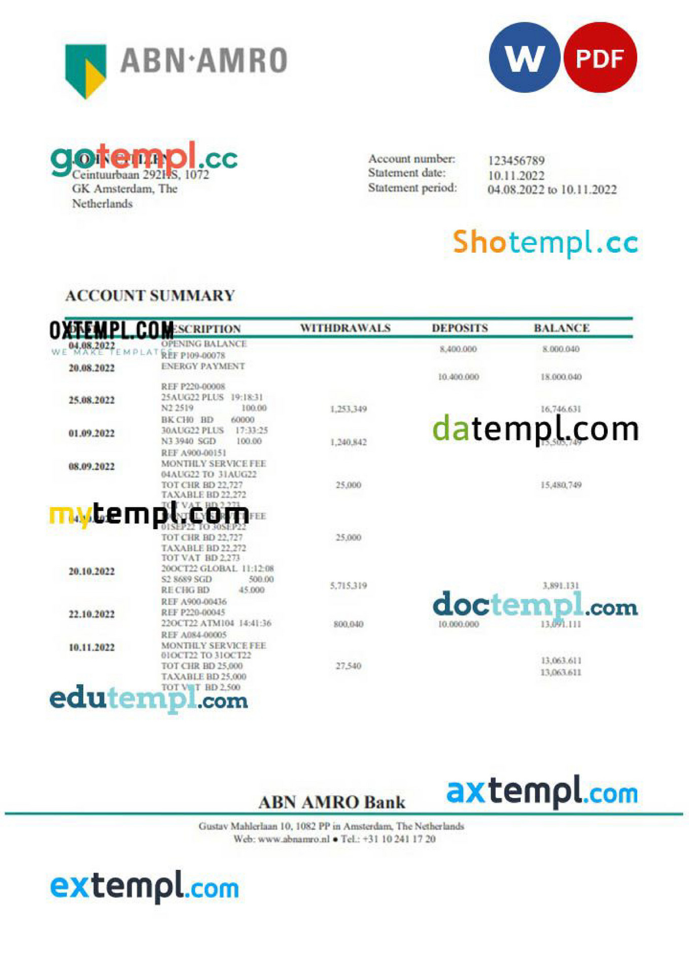 Doctempl - Netherlands ABN AMRO banking statement template in Word and PDF format - Page 1