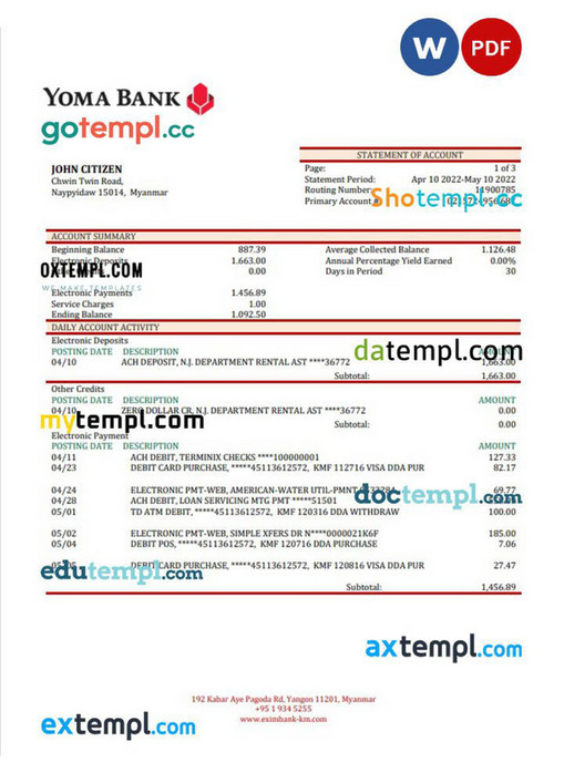 Doctempl - Myanmar Yoma banking statement template in Word and PDF format - Page 1