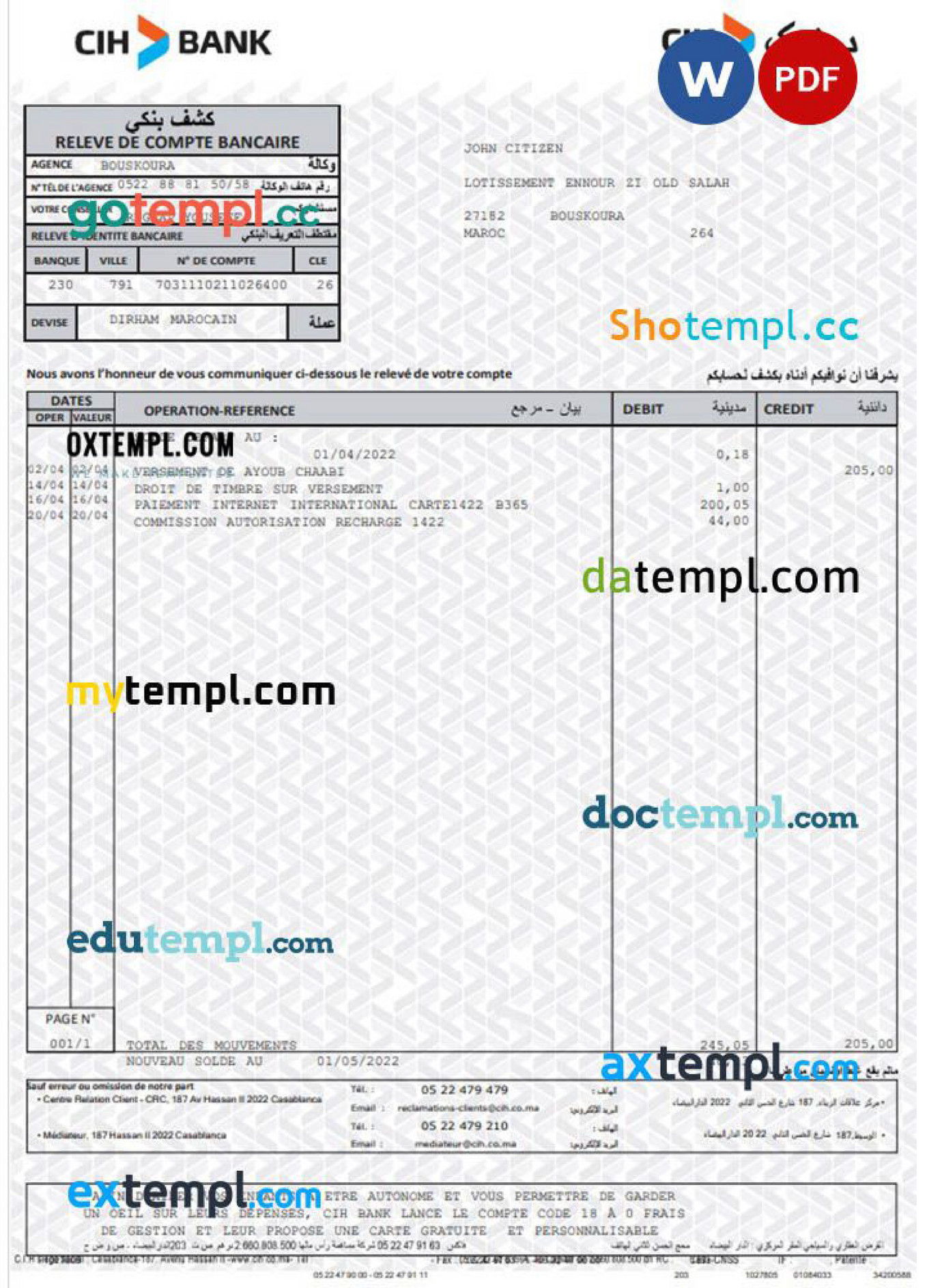 Doctempl - Morocco CIH banking statement Word and PDF template - Page 1