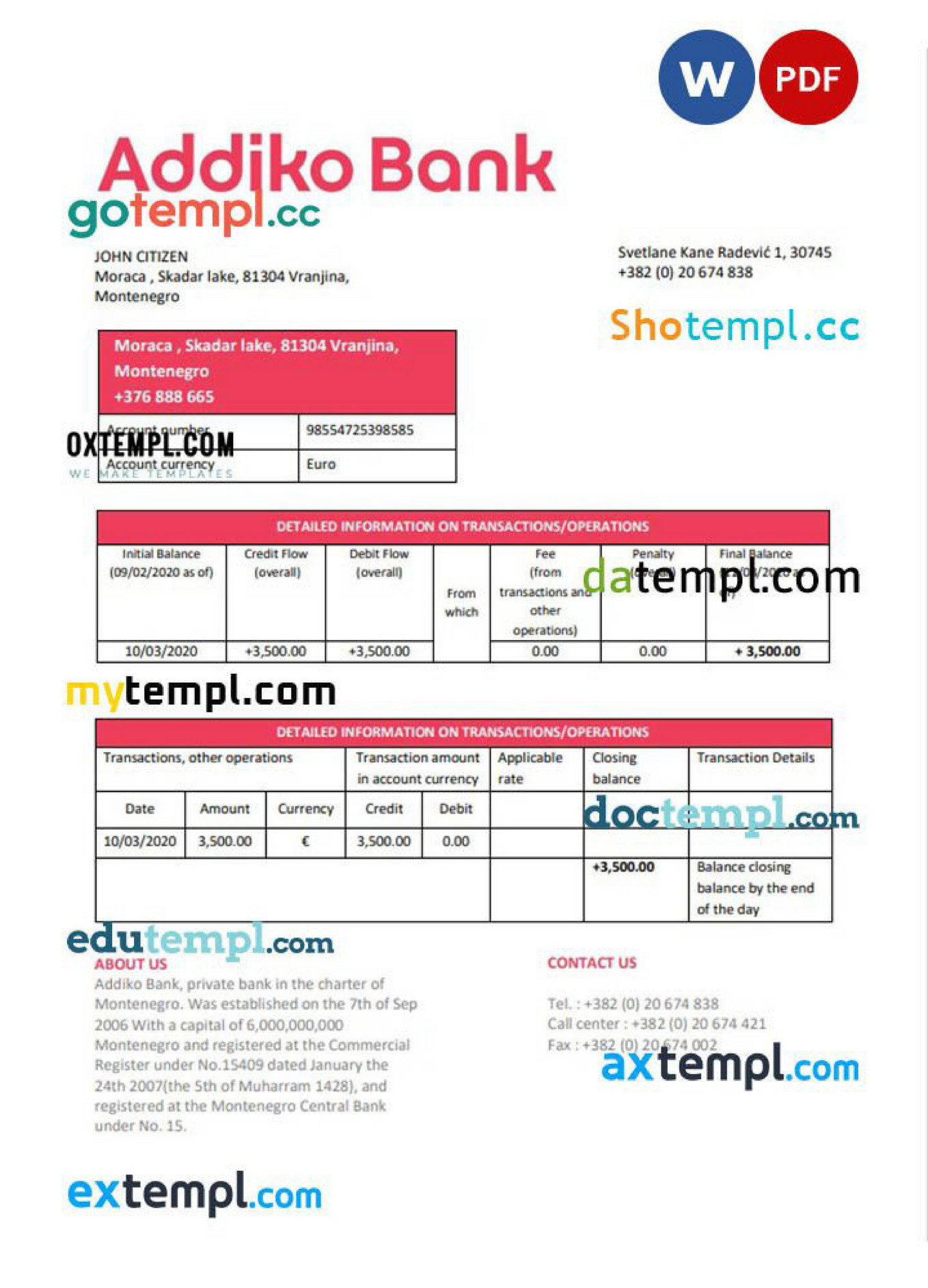 Doctempl - Montenegro Addiko Bank proof of address statement template in Word and PDF format ...