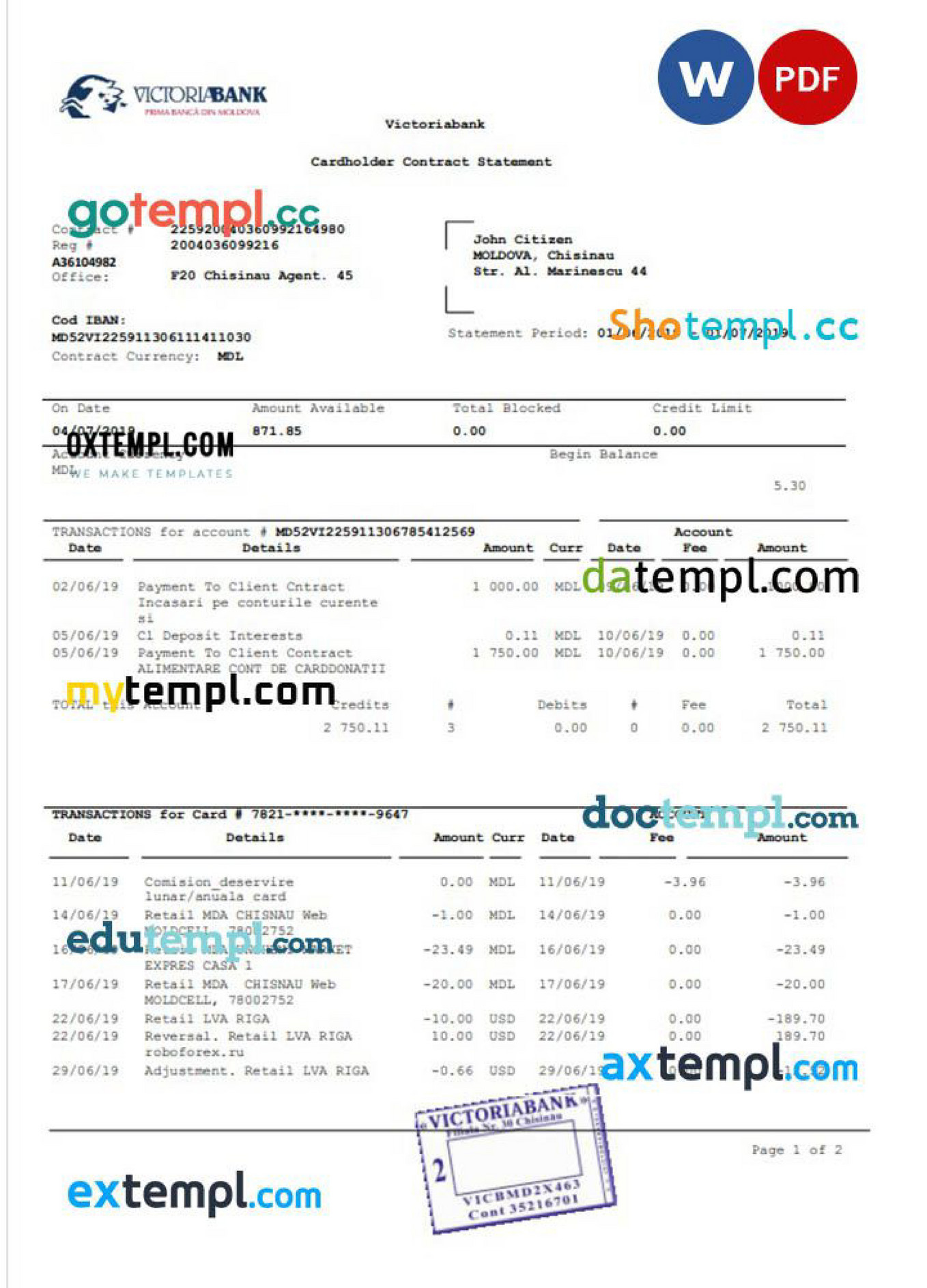 Doctempl - Moldova Victoriabank proof of address statement template in Word and PDF format - Page 1
