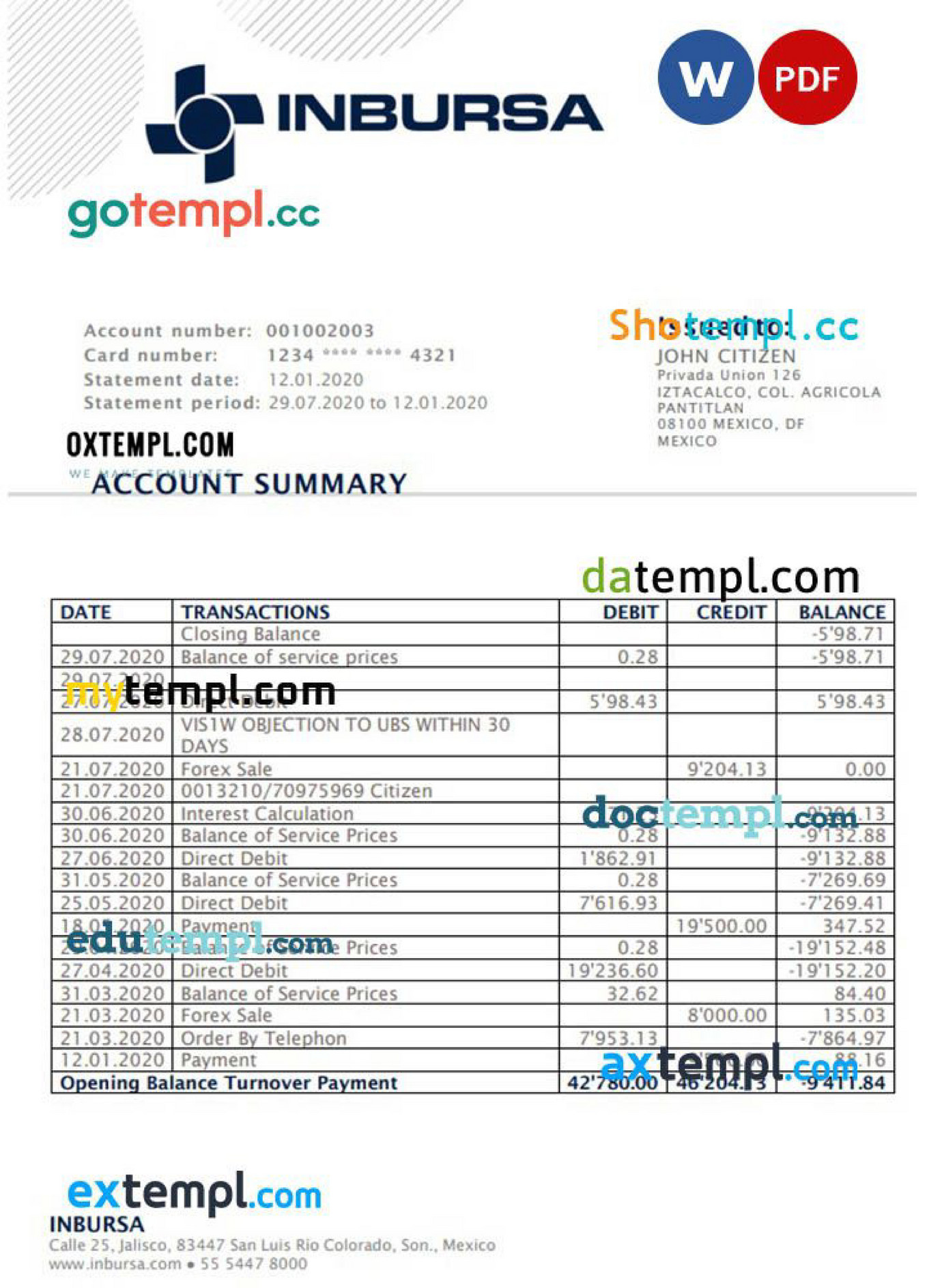 Doctempl - Mexico Inbursa banking statement template in Word and PDF ...