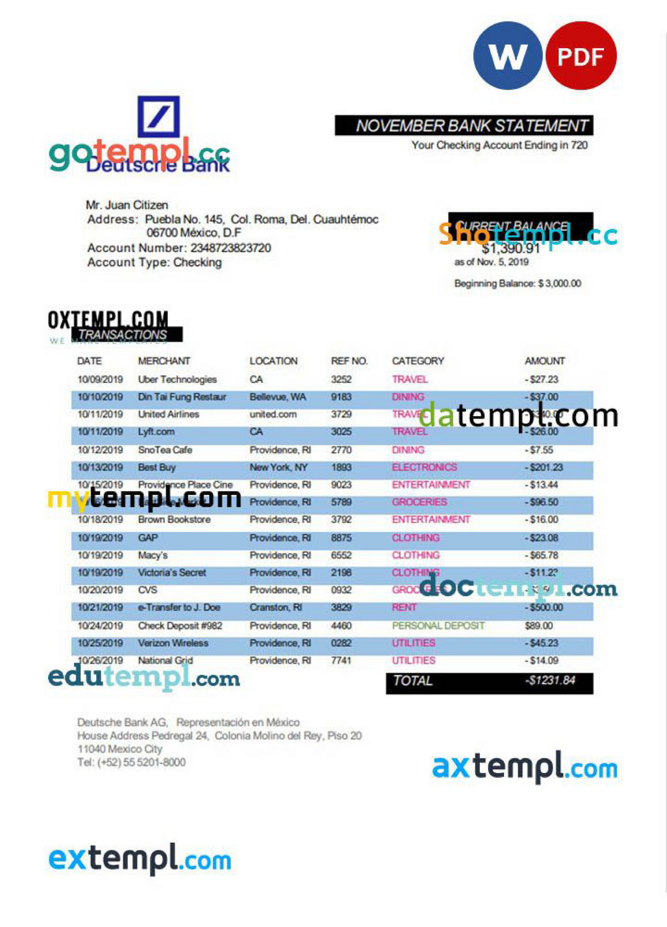 Doctempl - Mexico Deutsche banking statement template in Word and PDF ...