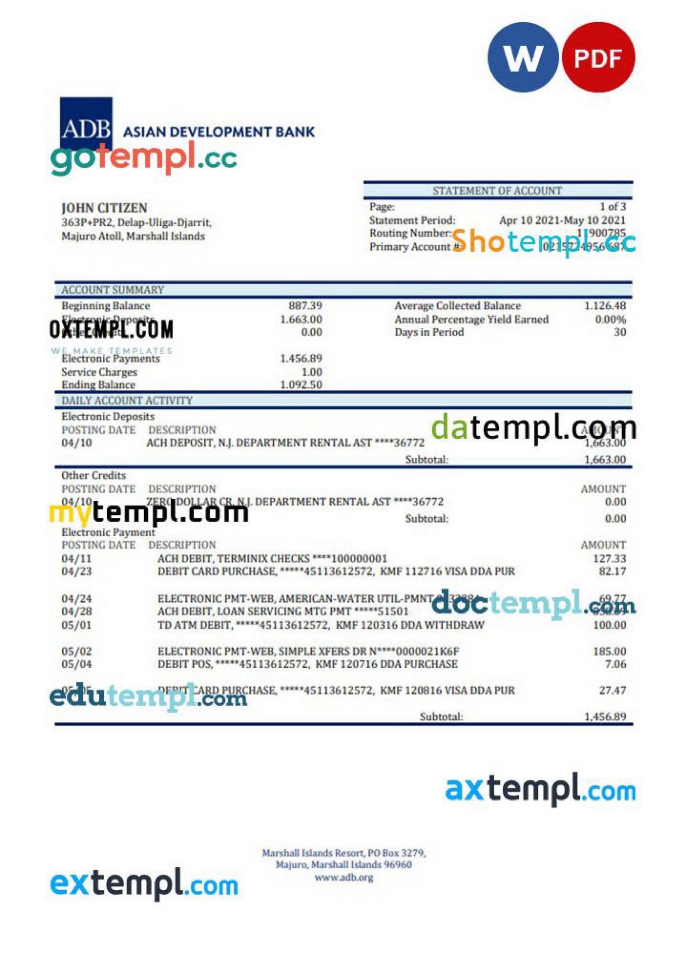Doctempl - Marshall Islands ADB banking statement template in Word and PDF format - Page 1