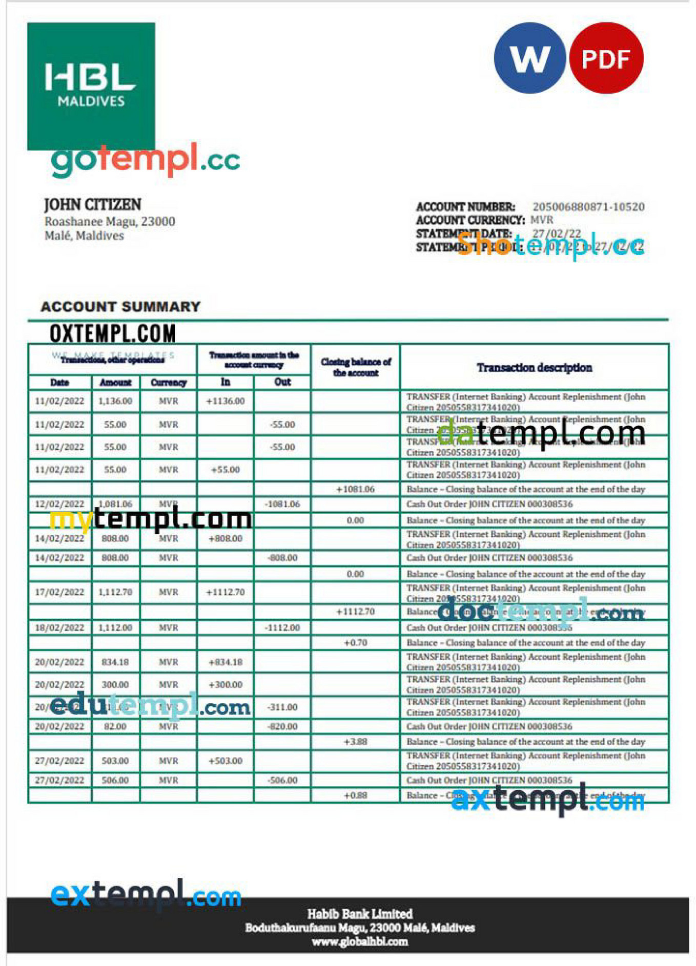 Doctempl - Maldives HBL banking statement template in Word and PDF ...