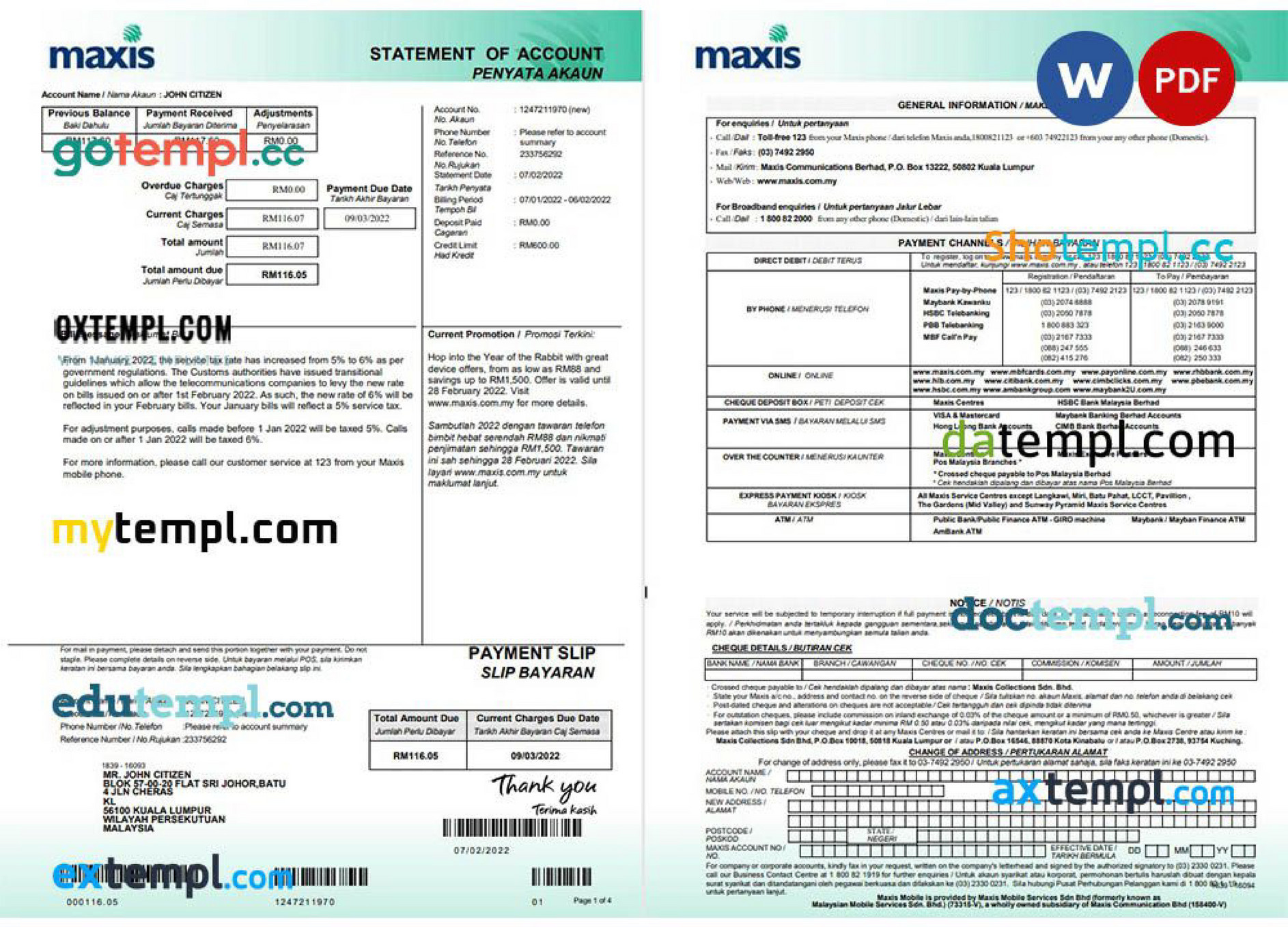 Doctempl - Malaysia Maxis banking statement, Word and PDF template, 5 ...
