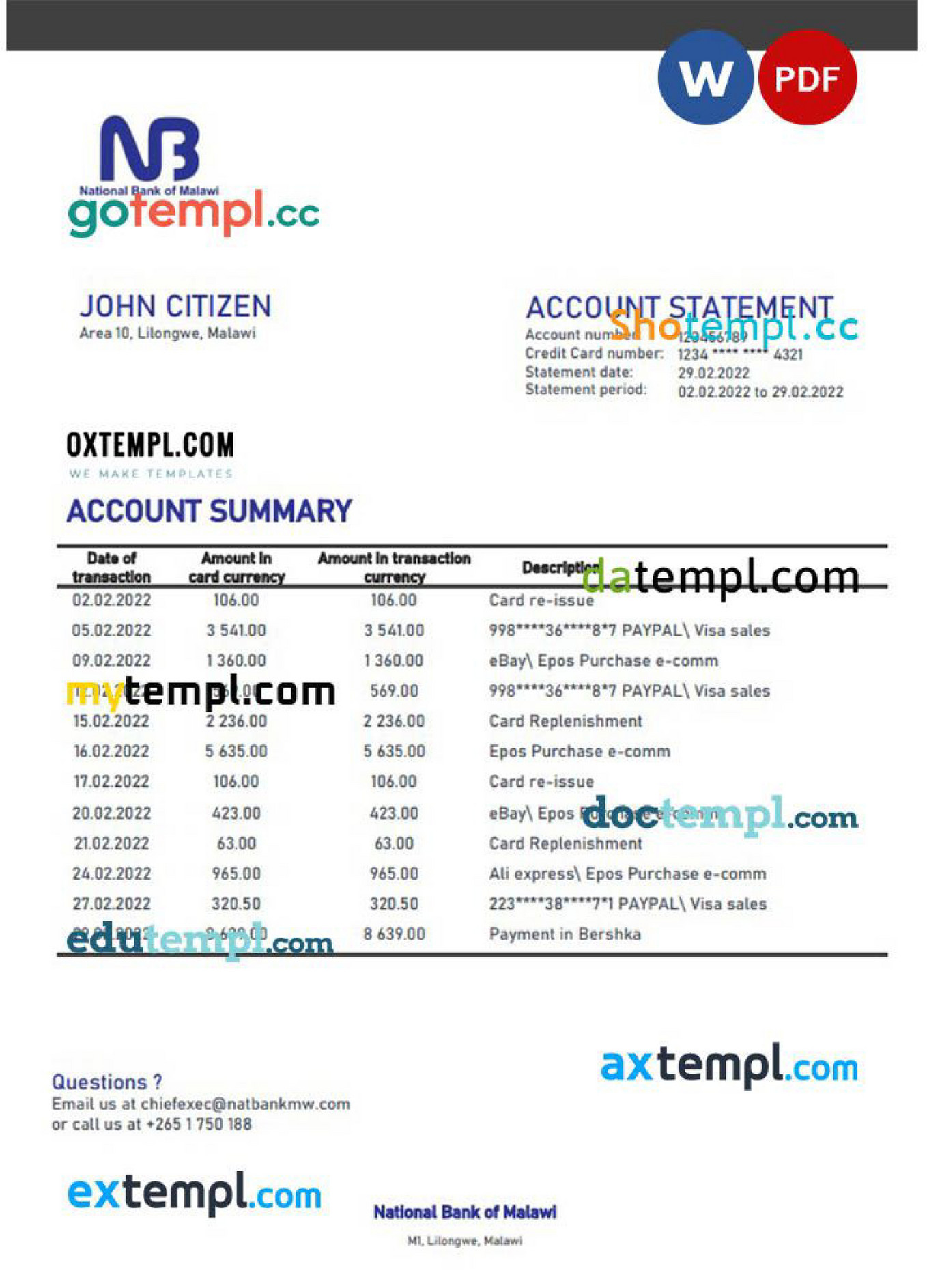 Doctempl - Malawi National Bank of Malawi banking statement template in Word and PDF format - Page 1