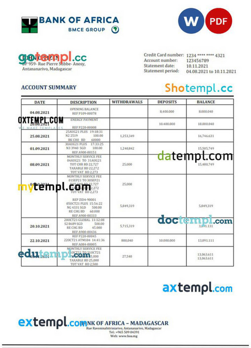 Doctempl - Madagascar Bank of Africa banking statement template in Word and PDF format - Page 1