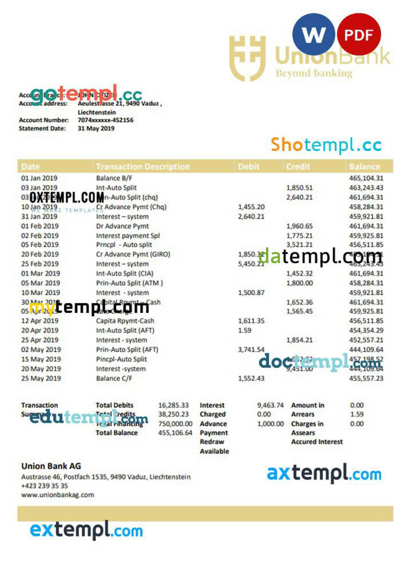 Doctempl - Liechtenstein Union Bank AG statement template in Word and PDF format - Page 1
