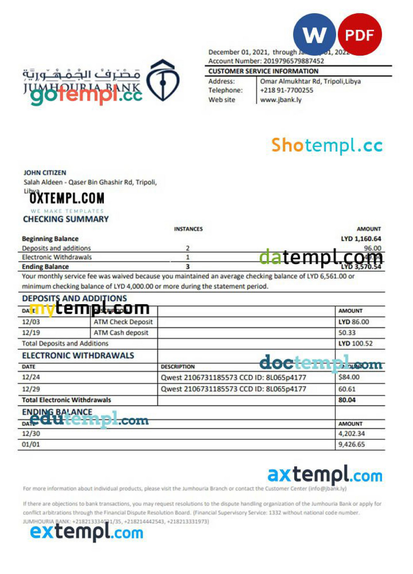 Doctempl - Libya Jumhouria banking statement template in Word and PDF format - Page 1