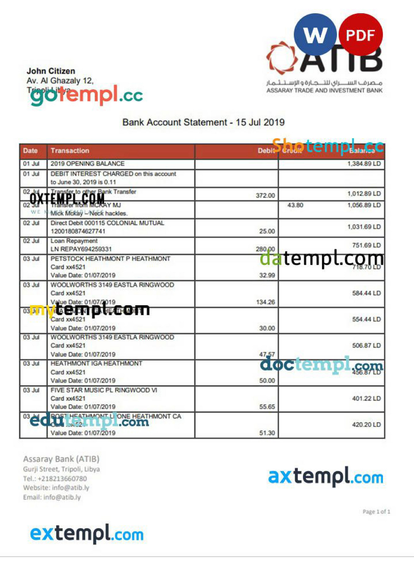 Doctempl - Libya Assaray (ATIB) banking statement easy to fill template in Word and PDF format ...