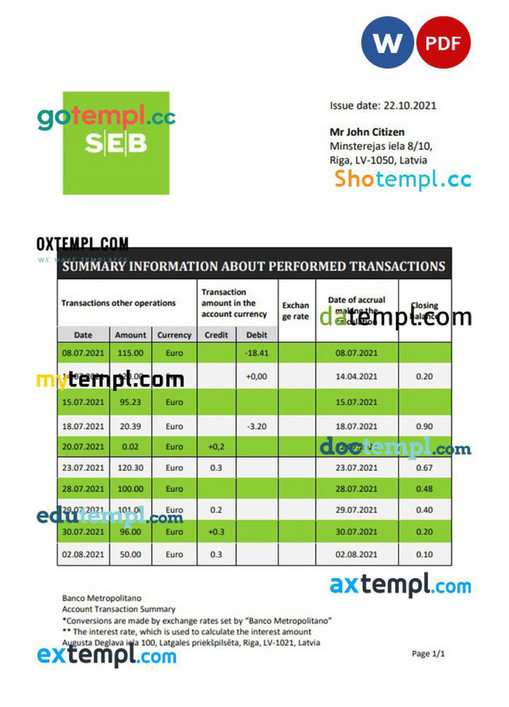 Doctempl - Latvia SEB banking statement template in Word and PDF format ...