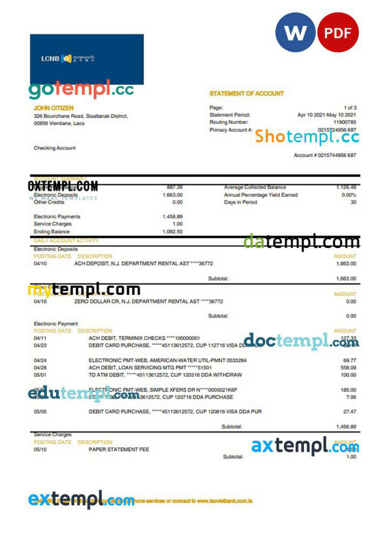 Doctempl - Laos LCNB banking statement template in Word and PDF format ...