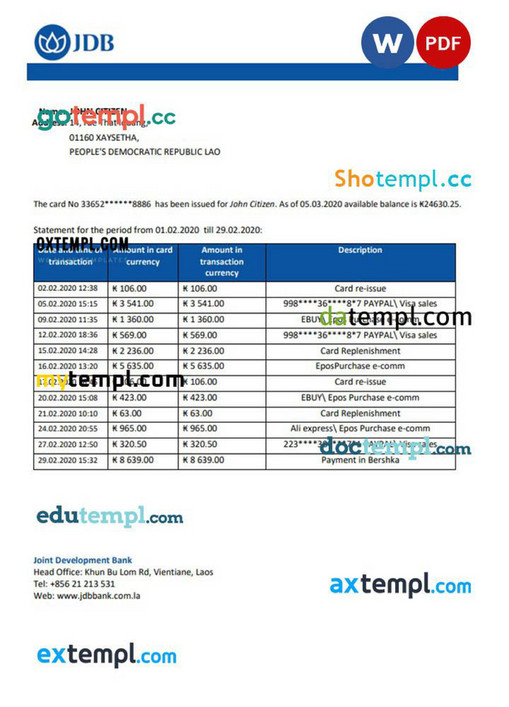 Doctempl - Laos Joint Development Bank (JDB) proof of address banking ...