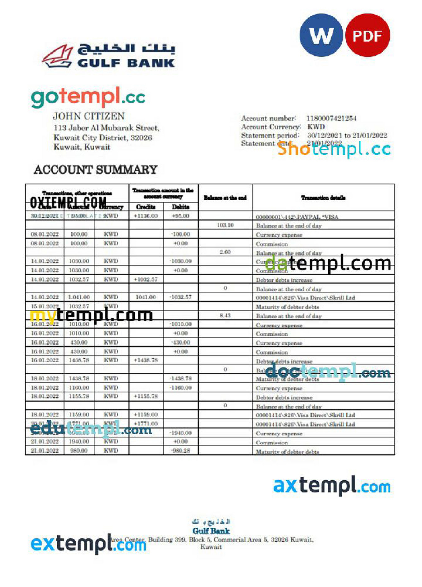 Doctempl - Kuwait Gulf banking statement template in Word and PDF format - Page 1