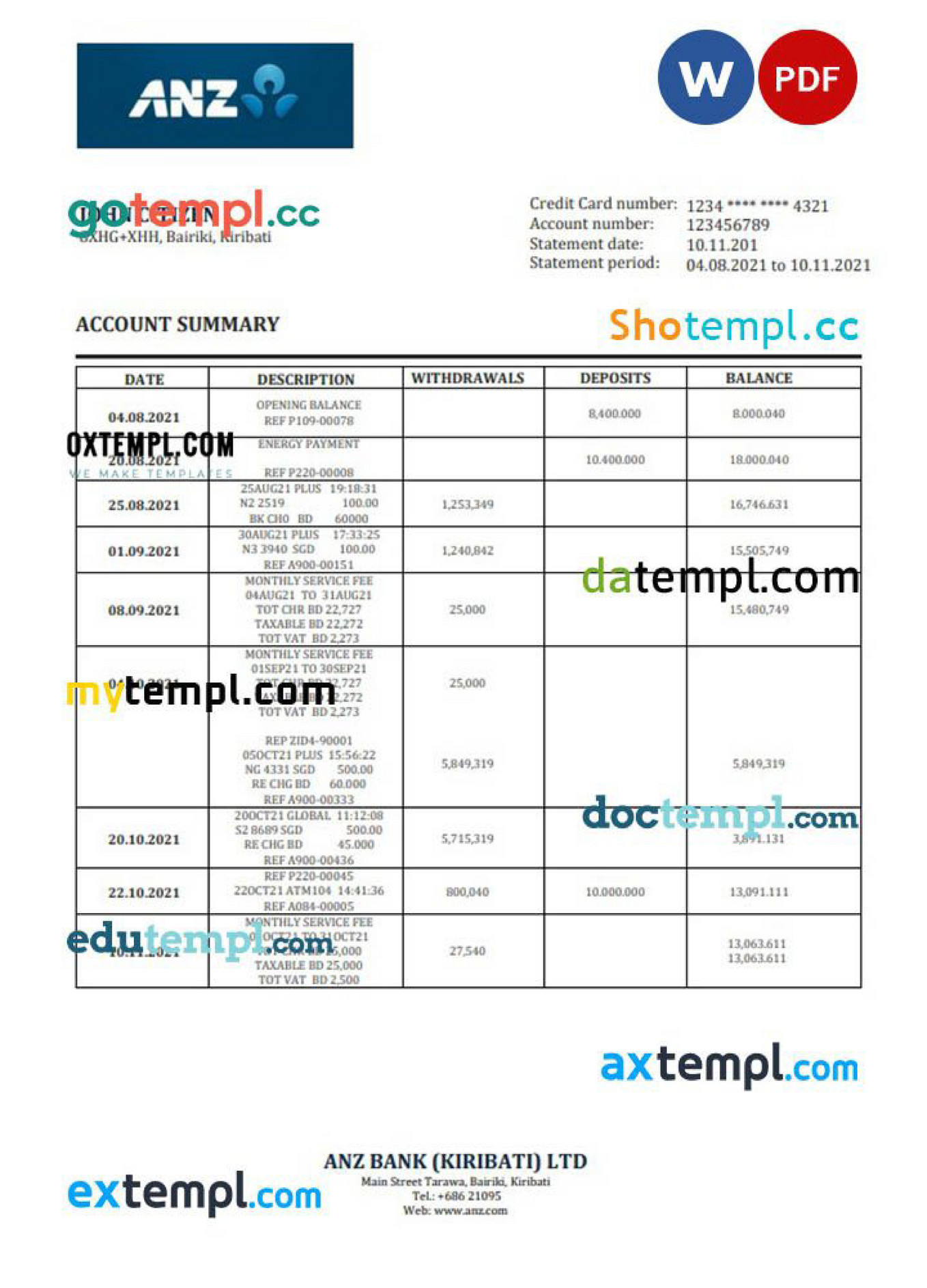 Doctempl - Kiribati ANZ banking statement template in Word and PDF ...
