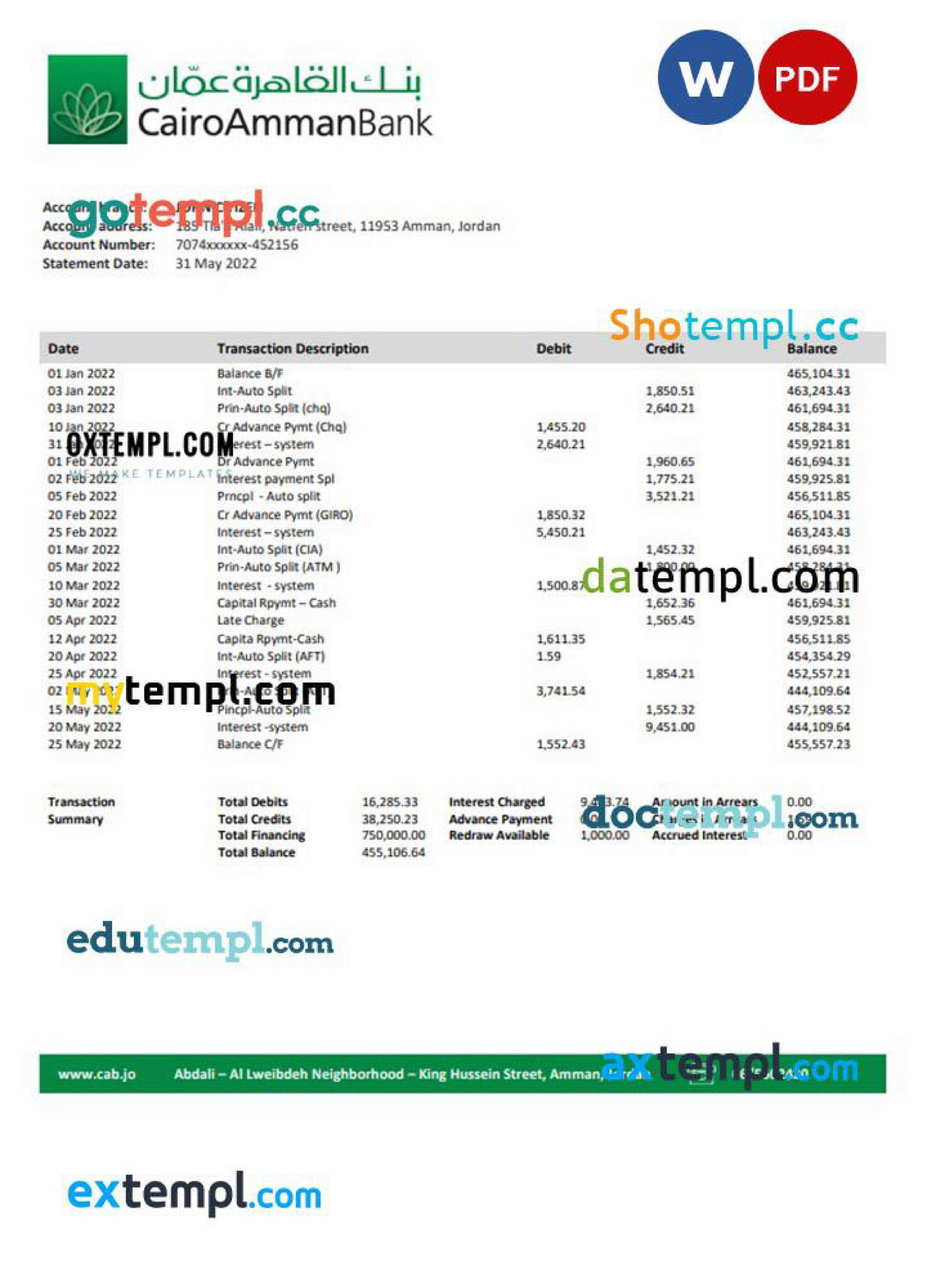 Doctempl - Jordan Cairo Amman banking statement template in Word and PDF format - Page 1