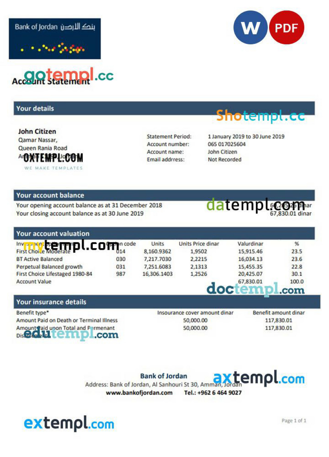 Doctempl - Jordan Bank of Jordan proof of address banking statement ...