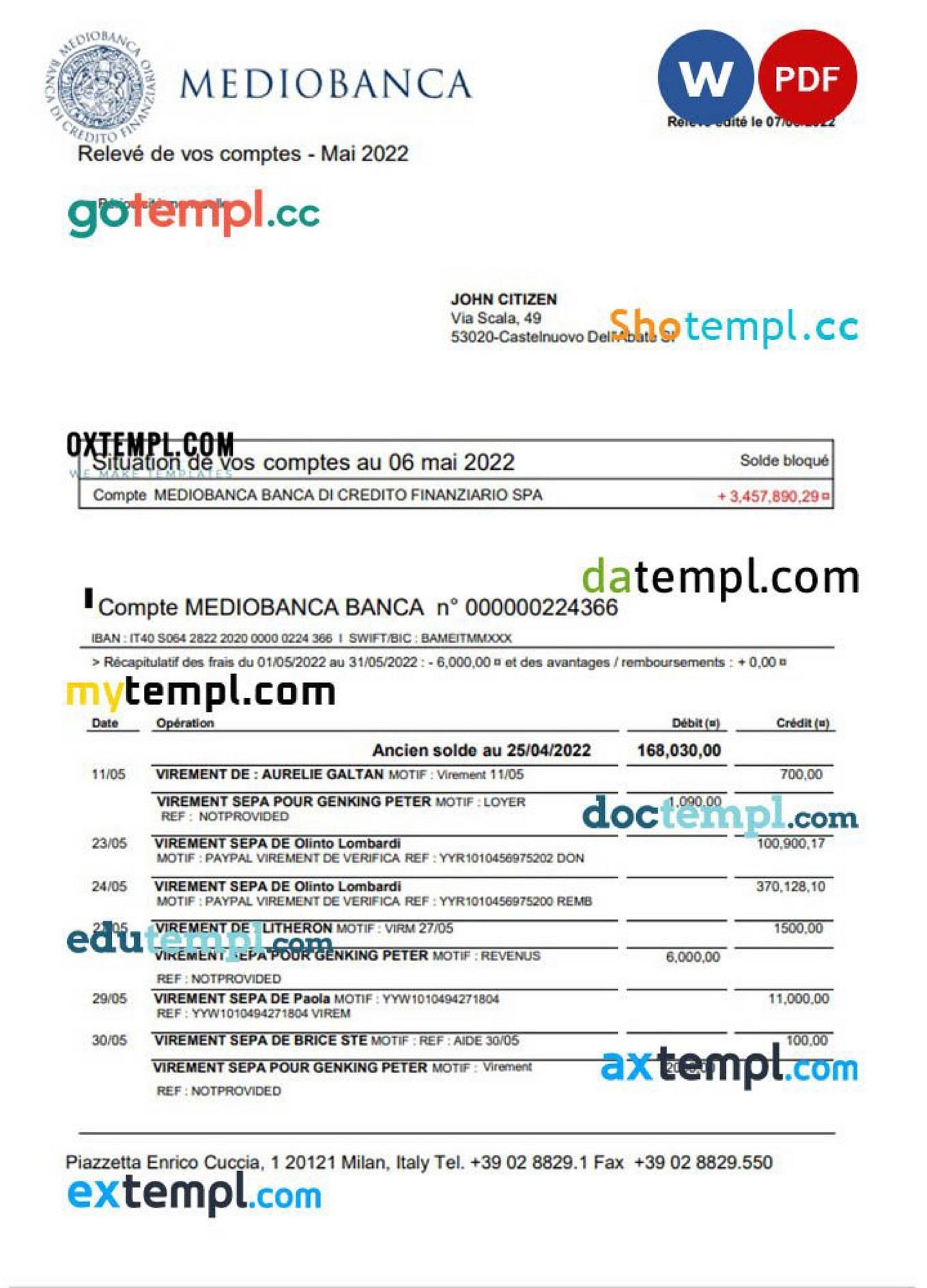 Doctempl - Italy Mediobanca banking statement Word and PDF template ...