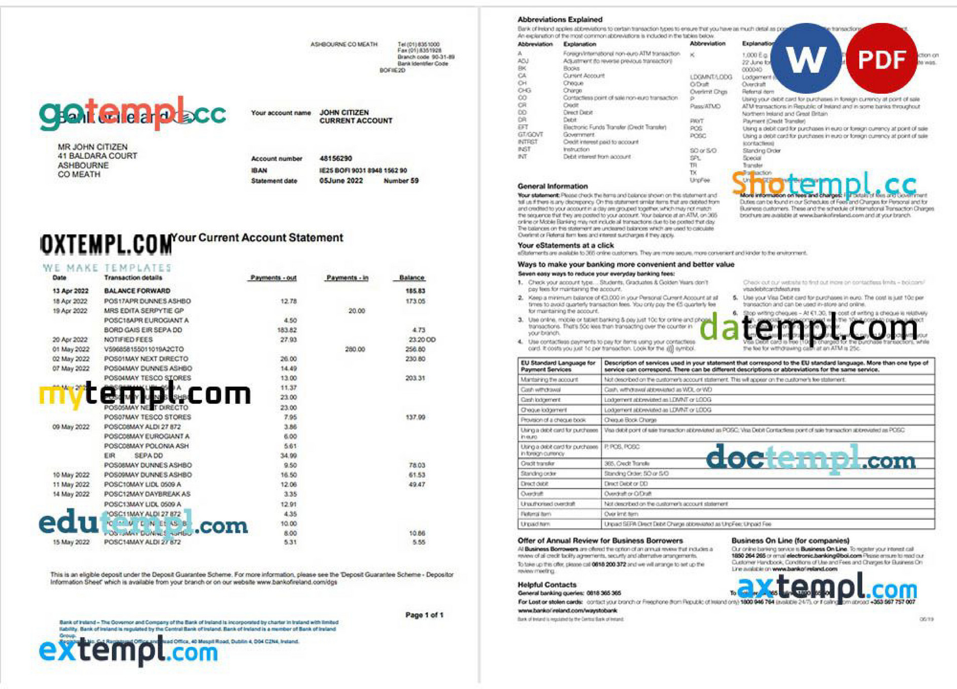 Doctempl - Ireland Bank of Ireland banking statement, Word and PDF ...