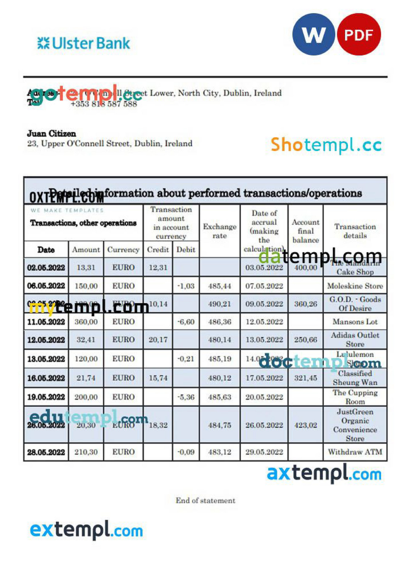 Doctempl - Ireland Ulster proof of address banking statement in Word ...
