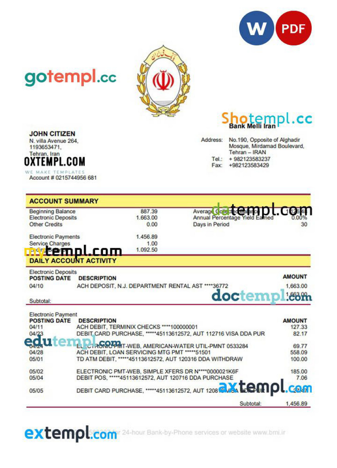 Doctempl - Iran Melli banking statement template in Word and PDF format ...