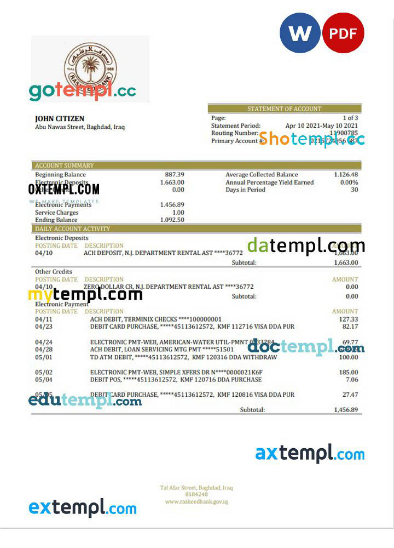Doctempl - Iraq Rasheed proof of address banking statement in Word and ...