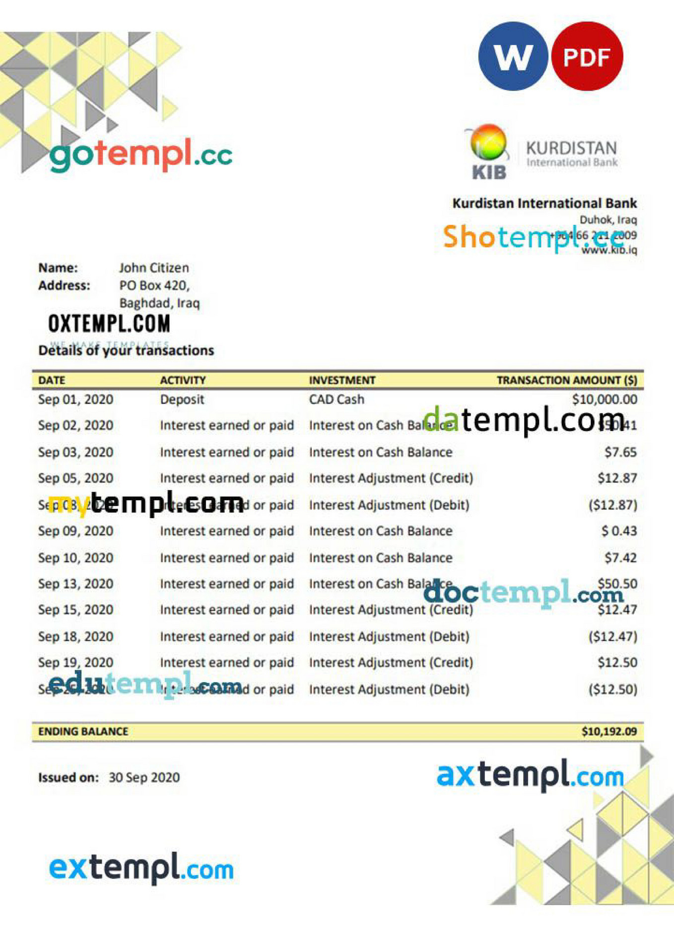 Doctempl - Iraq Kurdistan International Bank proof of address statement ...